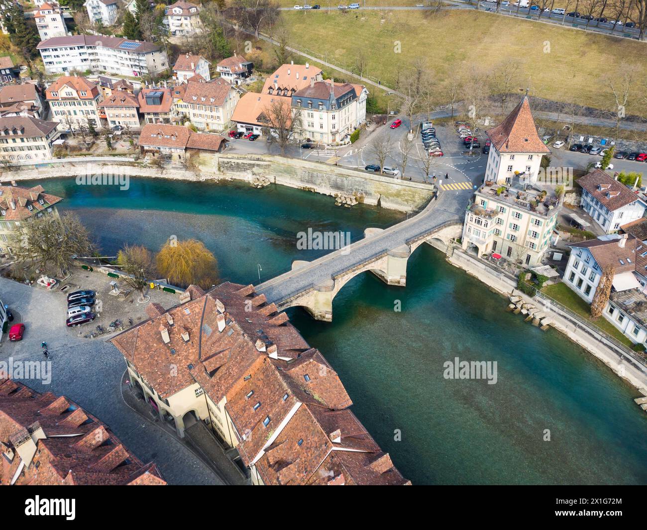 Bern, Switzerland: Aerial view of the Nydegg Bridge above the Aar river ...