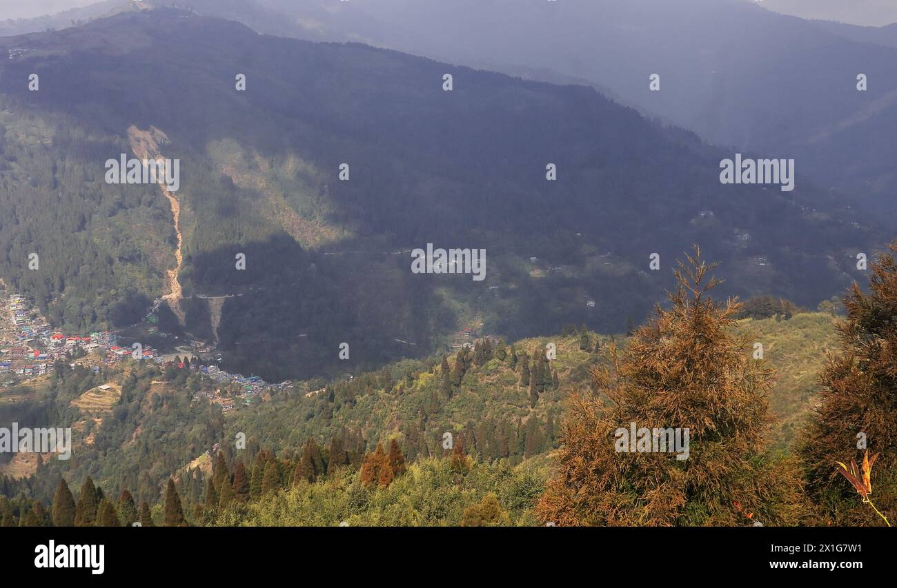 panoramic view lush green himalaya mountains foothills from simana ...