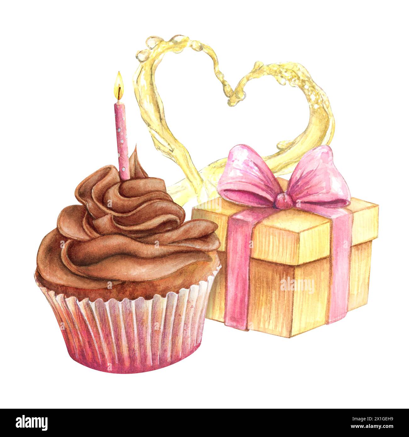 Cupcake present box heart watercolor drawing. Champagne birthday ...