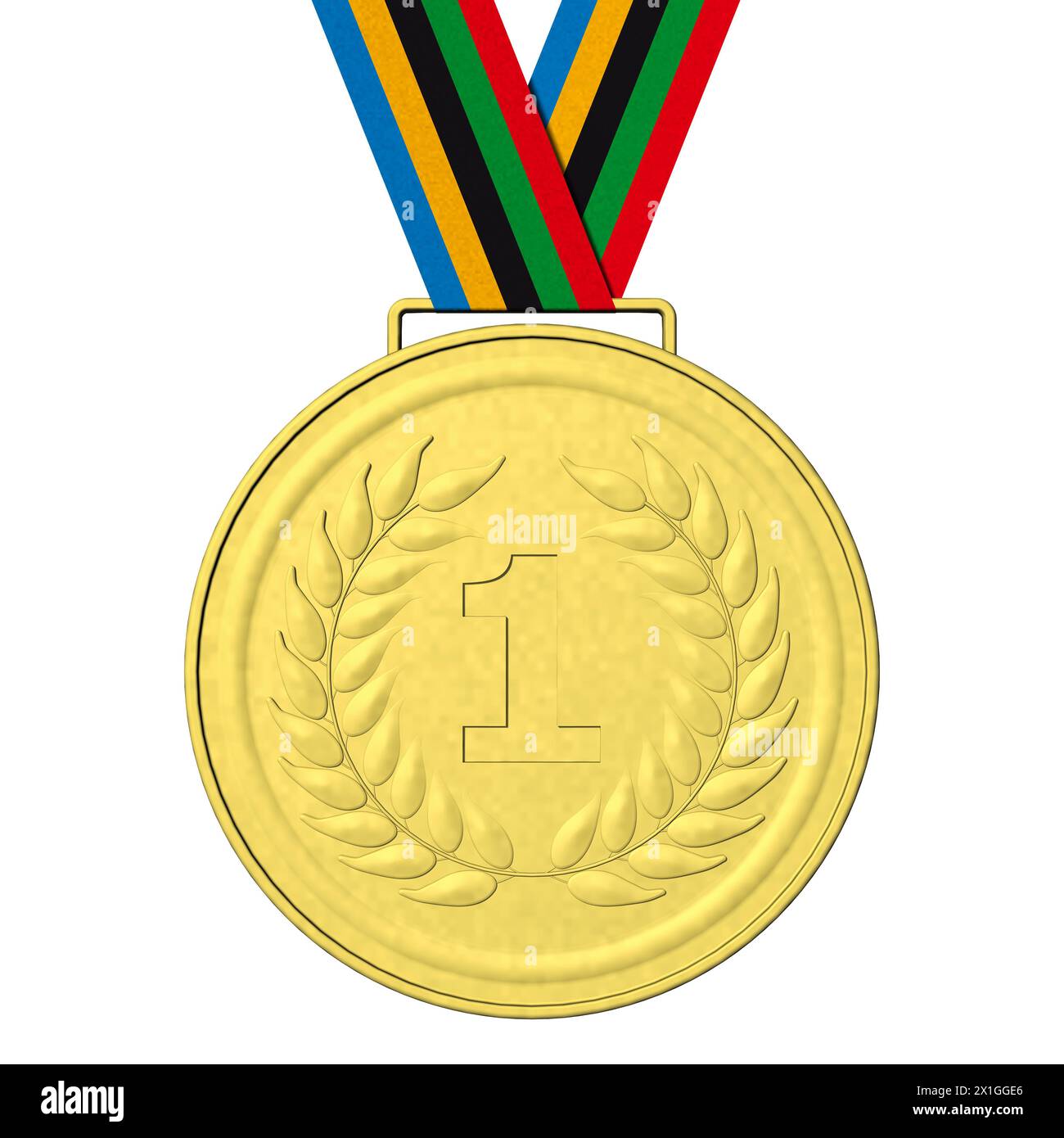 3D illustration. Podium medals: Gold with tape with the Olympic colors ...