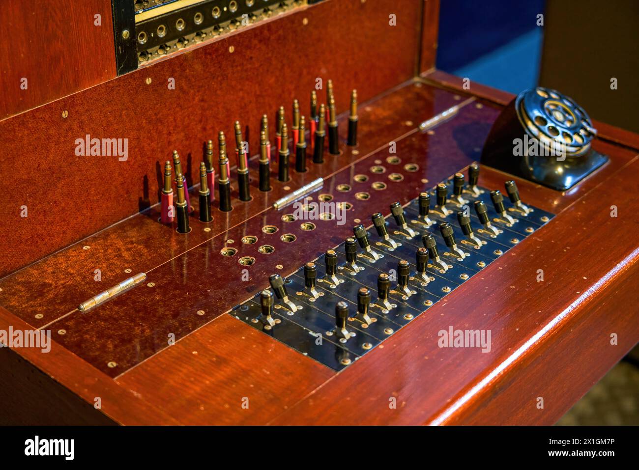 Close-up of old traditional telephone and telegraph wiring equipment ...