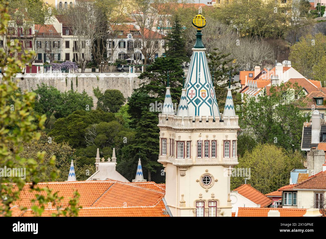 Elevetad view of Sintra old town from Sintra National Palace. Portugal ...