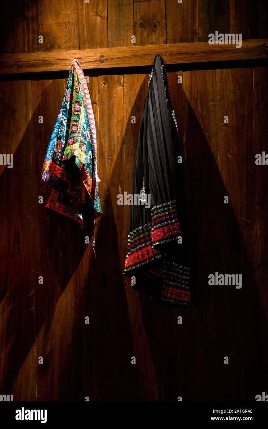 Close-up of the national costumes of the Zhuang ethnic group in Guangxi ...
