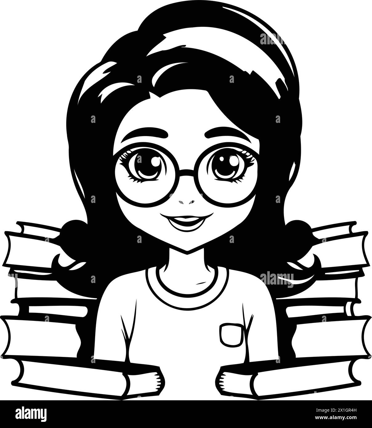 Vector Illustration Of A Girl With Glasses Holding A Stack Of Books