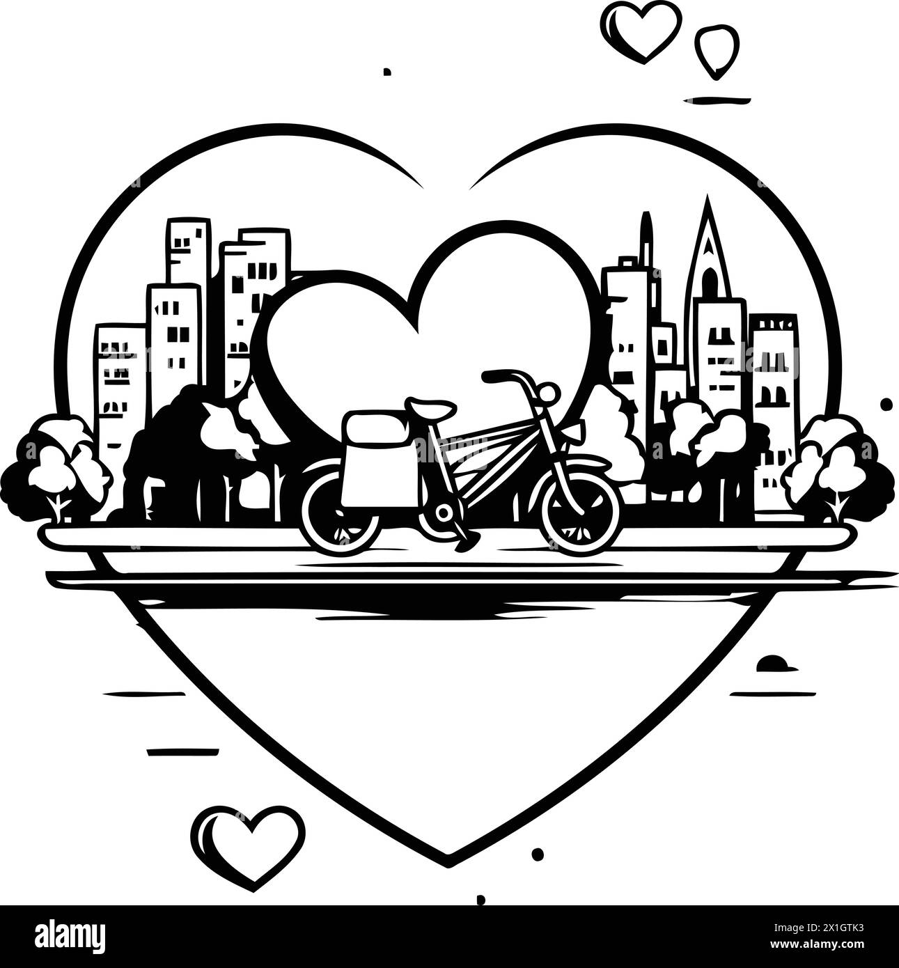 Love city concept with heart and bicycle. Vector illustration in line ...