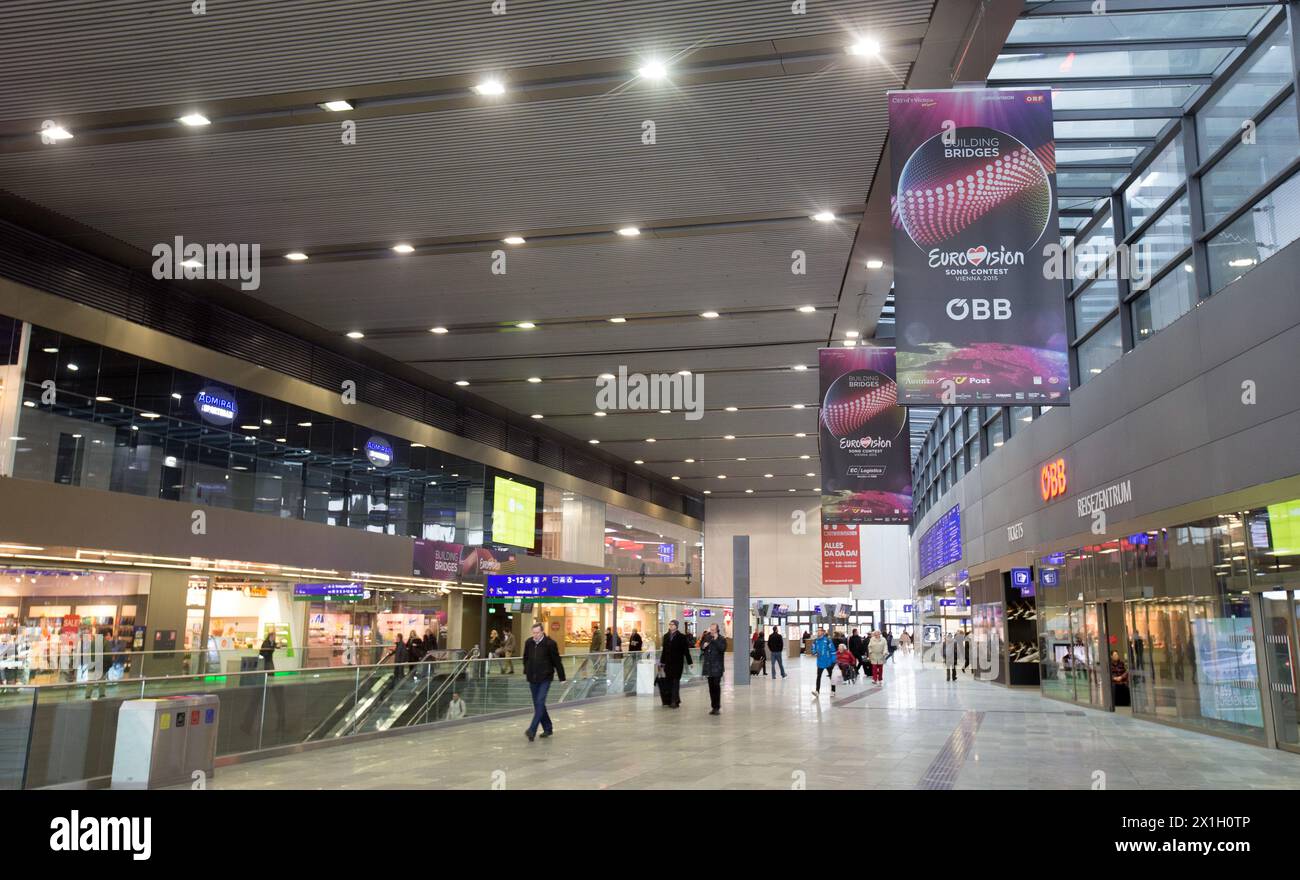 Logos and advertising banners at the Vienna Central Station for the ...
