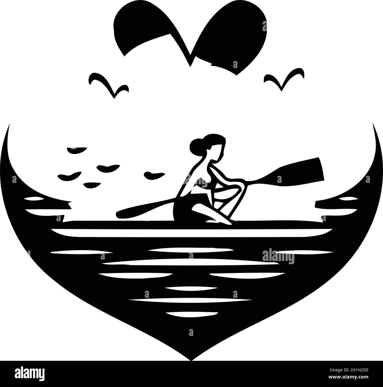 Love kayaking vector logo design template. Man in a canoe with a heart ...