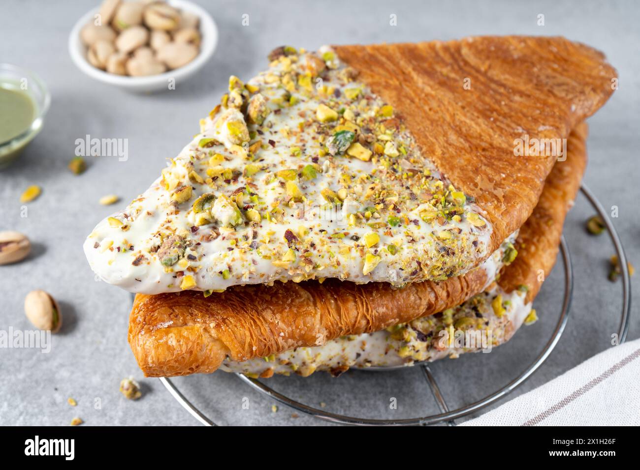 Flat Croissant, Trendy Pastry, Croissant with Pistachio Glaze and ...