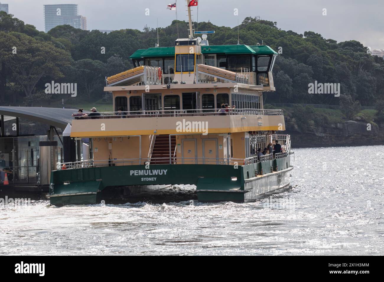 Stern view of Sydney ferry the MV Pemulwuy, an emerald class ferry at ...