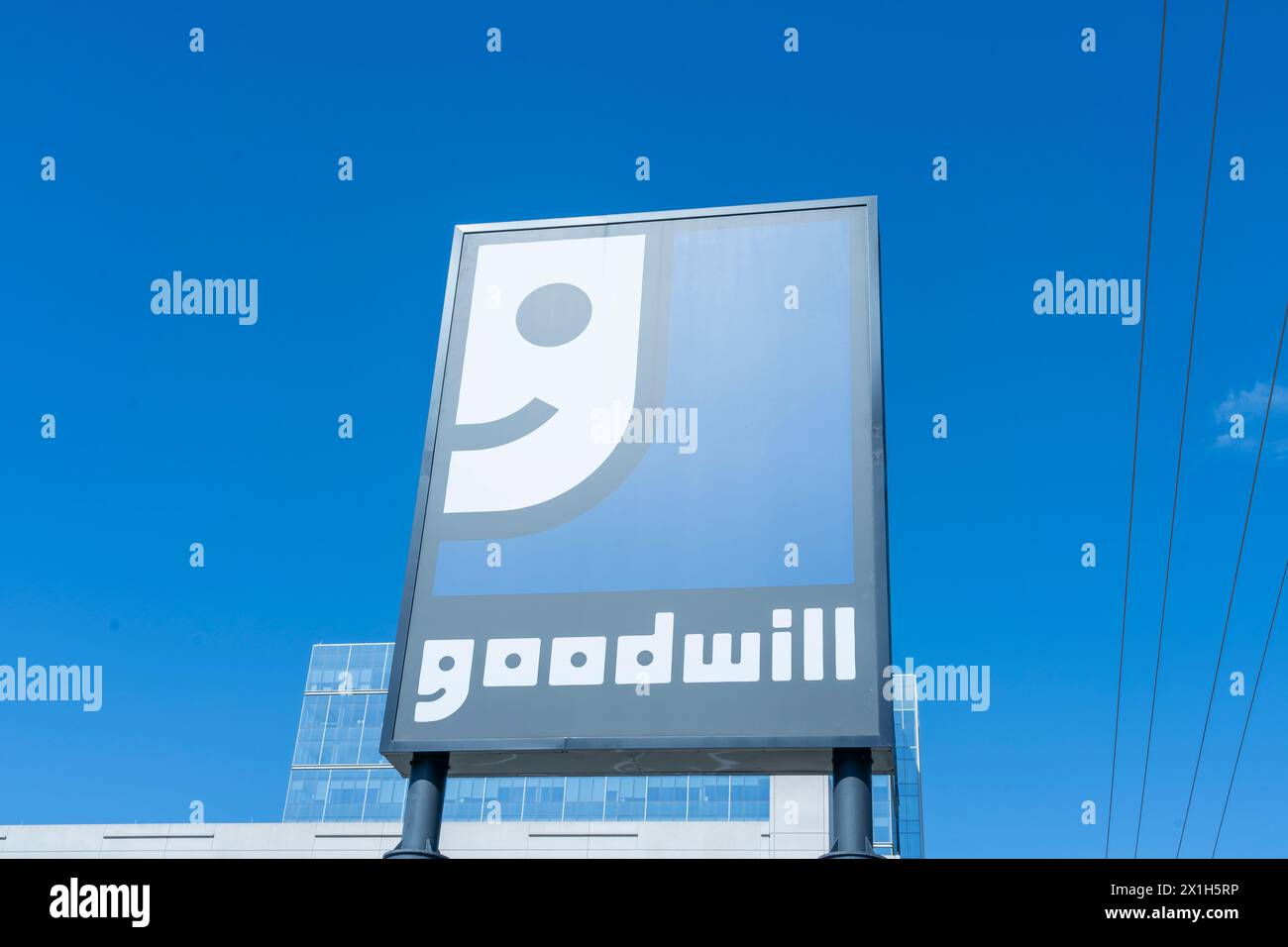 Houston, Texas, USA - April 13, 2024: Close up of Goodwill sign in ...