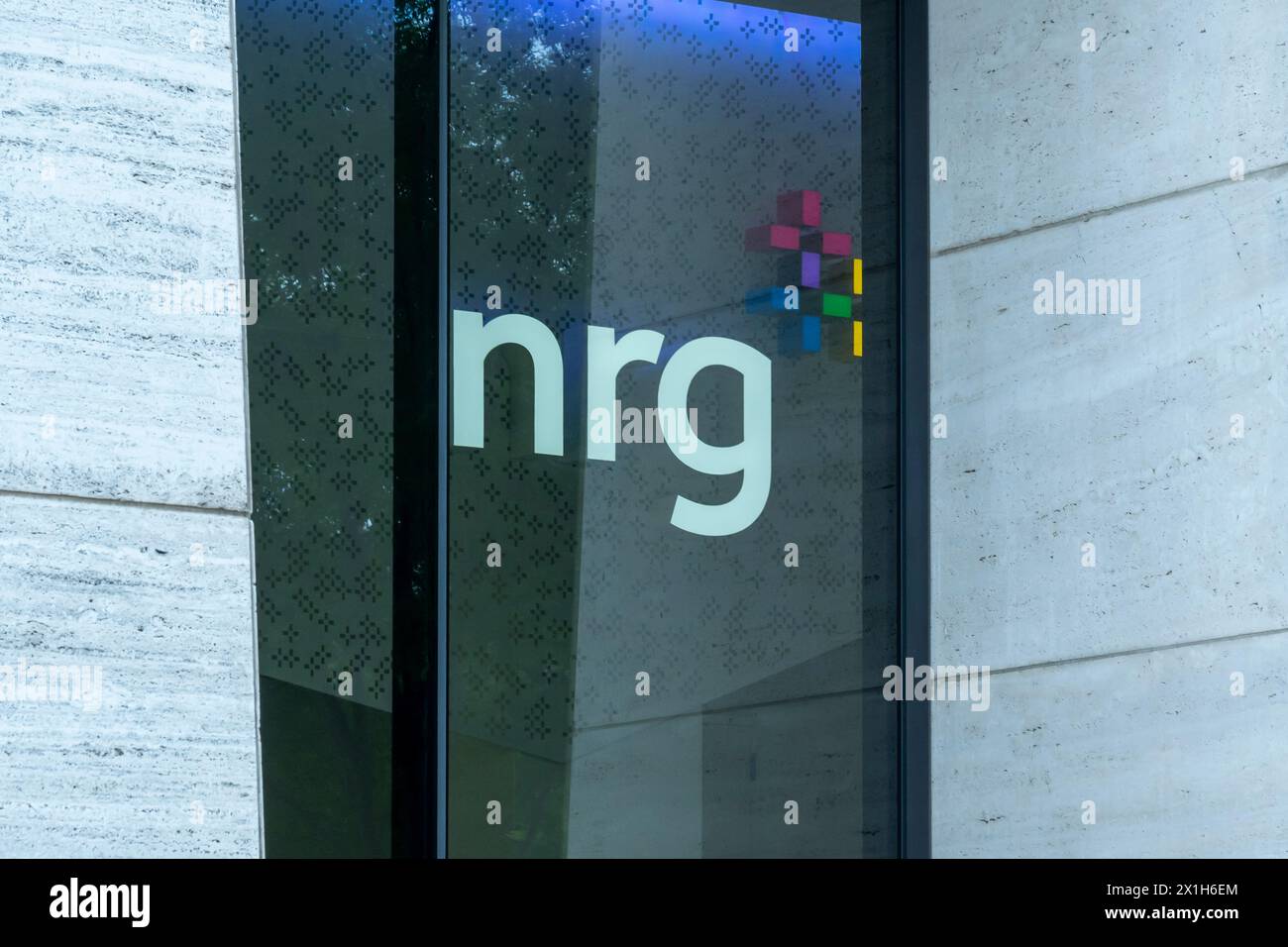 Houston, Texas, USA - April 14, 2024: NRG logo sign in its headquarters ...