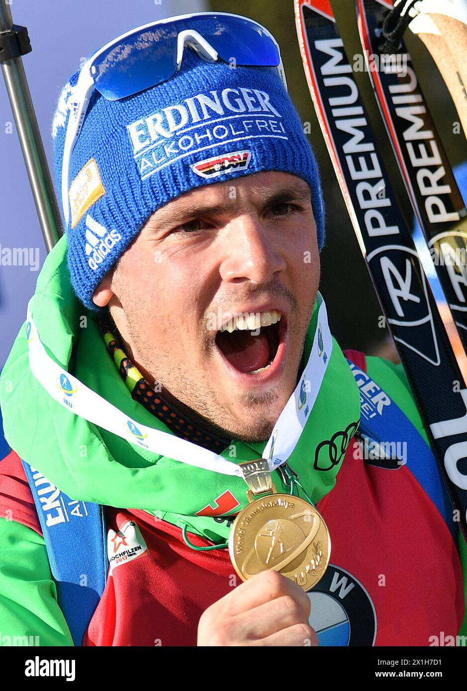 Simon Schempp of Germany poses for a picture during the victory ...