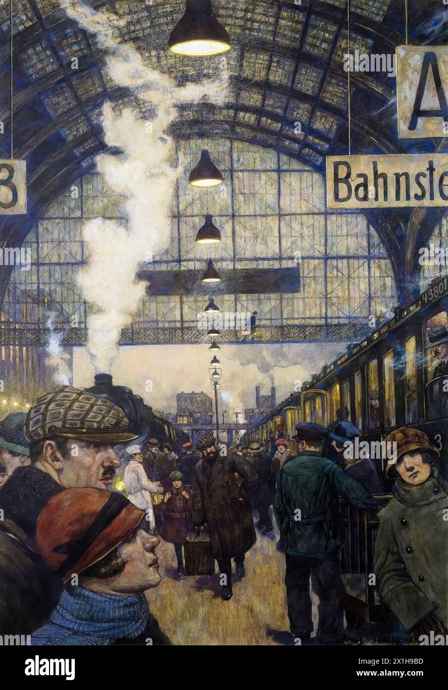 Hans Baluschek, Bahnhofshalle (Station Hall), painting in mixed media ...
