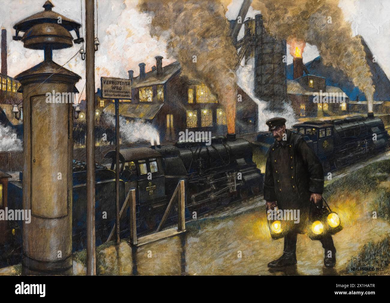 Hans Baluschek, Eisenwerk (Ironworks), painting in gouache with chalk ...