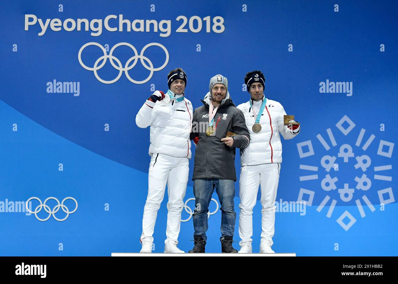 (L-R) France's silver medallist Alexis Pinturault, Austria's gold ...
