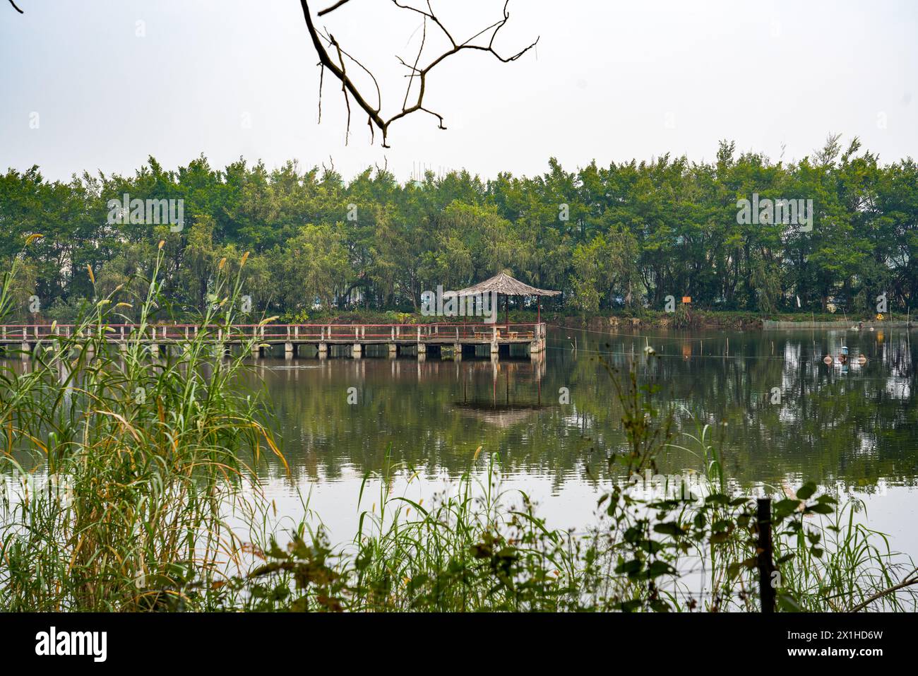 Traditional Chinese pavilion building in the middle of the park lake ...