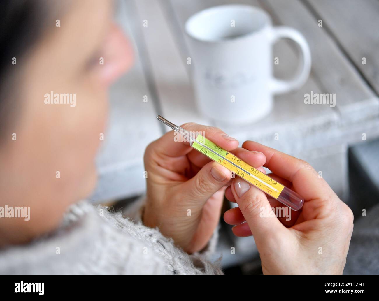 Illustration on topic flu, influenza, gripal infect - Woman taking her ...