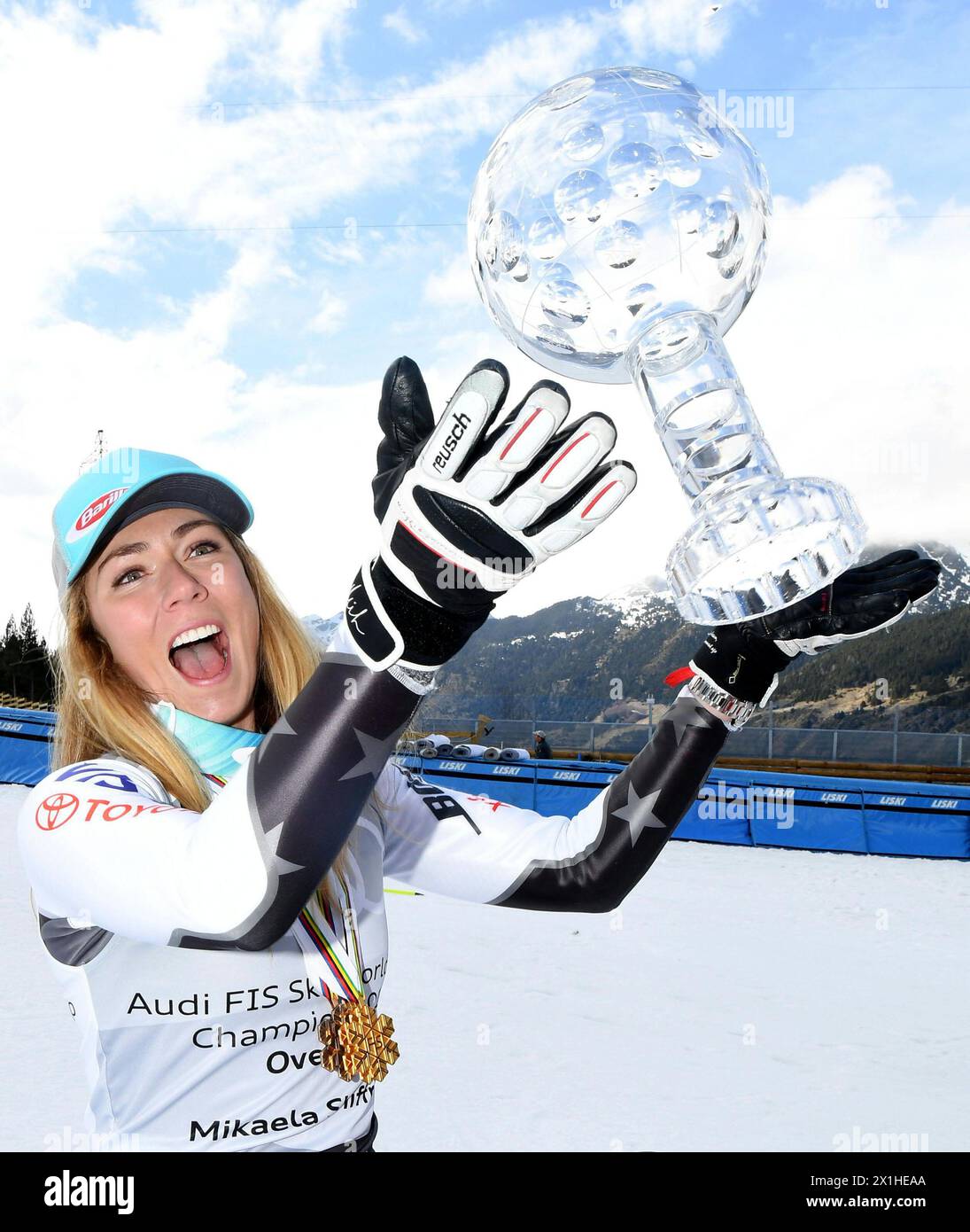 US Mikaela Shiffrin celebrates with their crystal globe trophies during ...