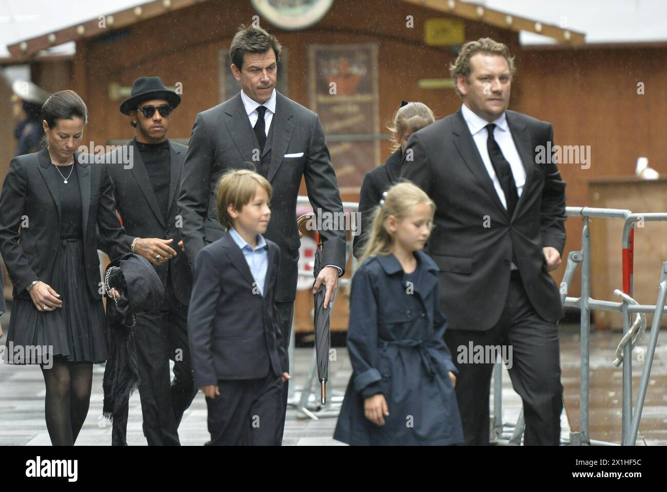 (LtoR) Niki Lauda's widow Birgit Lauda, British Formula One pilot Lewis ...