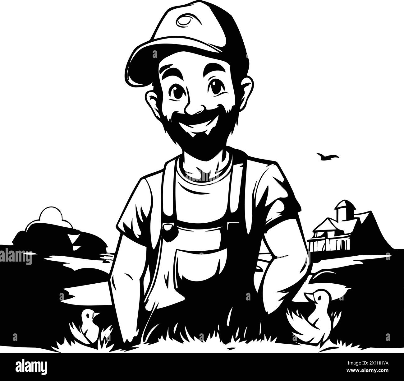 Vector Illustration Of A Farmer With A Duck In His Hands On A Farm