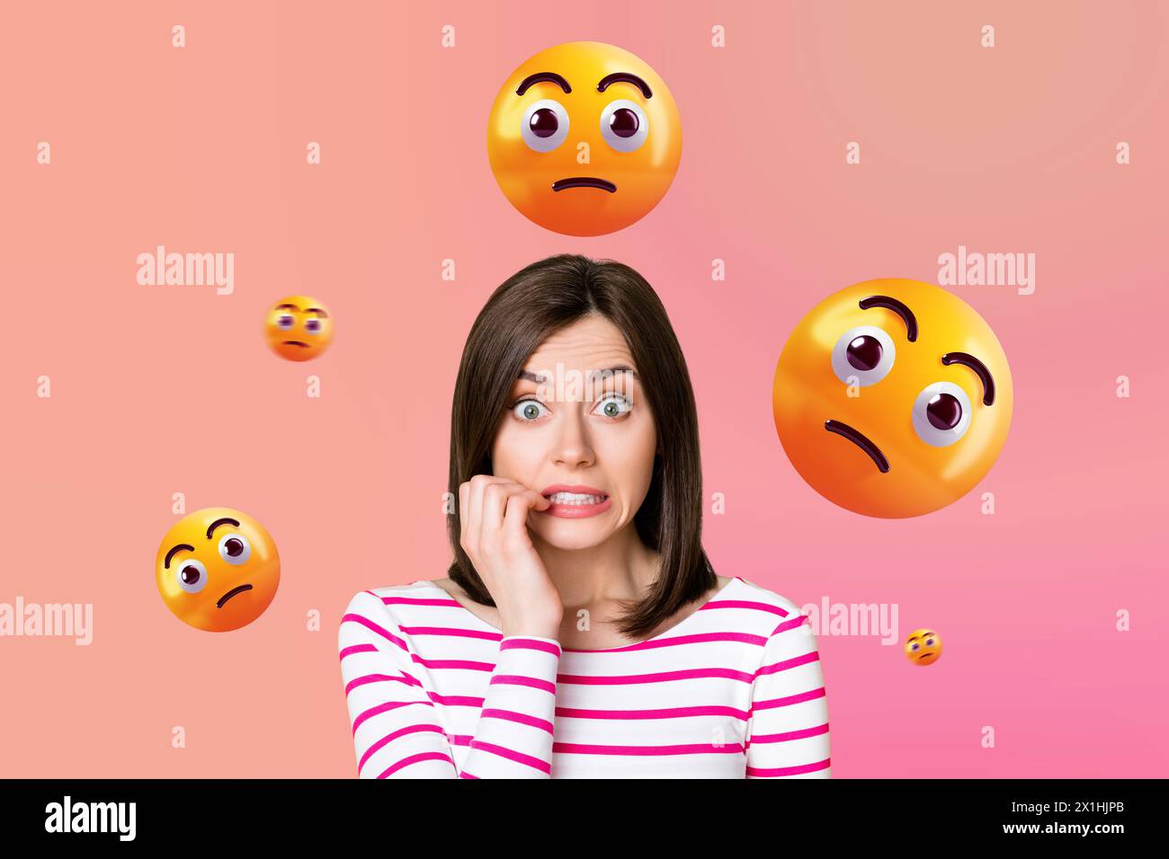 Creative photo collage picture young afraid scared girl biting nails ...