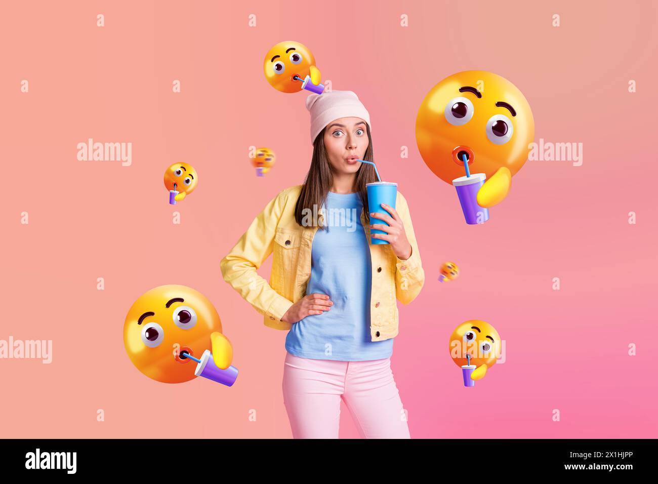 Creative picture collage young pretty girl spring outfit drink cocktail ...