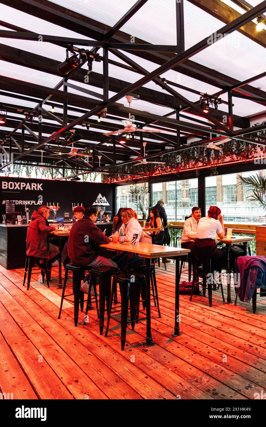 Interior of Boxpark Shoreditch food market, London, England Stock Photo ...