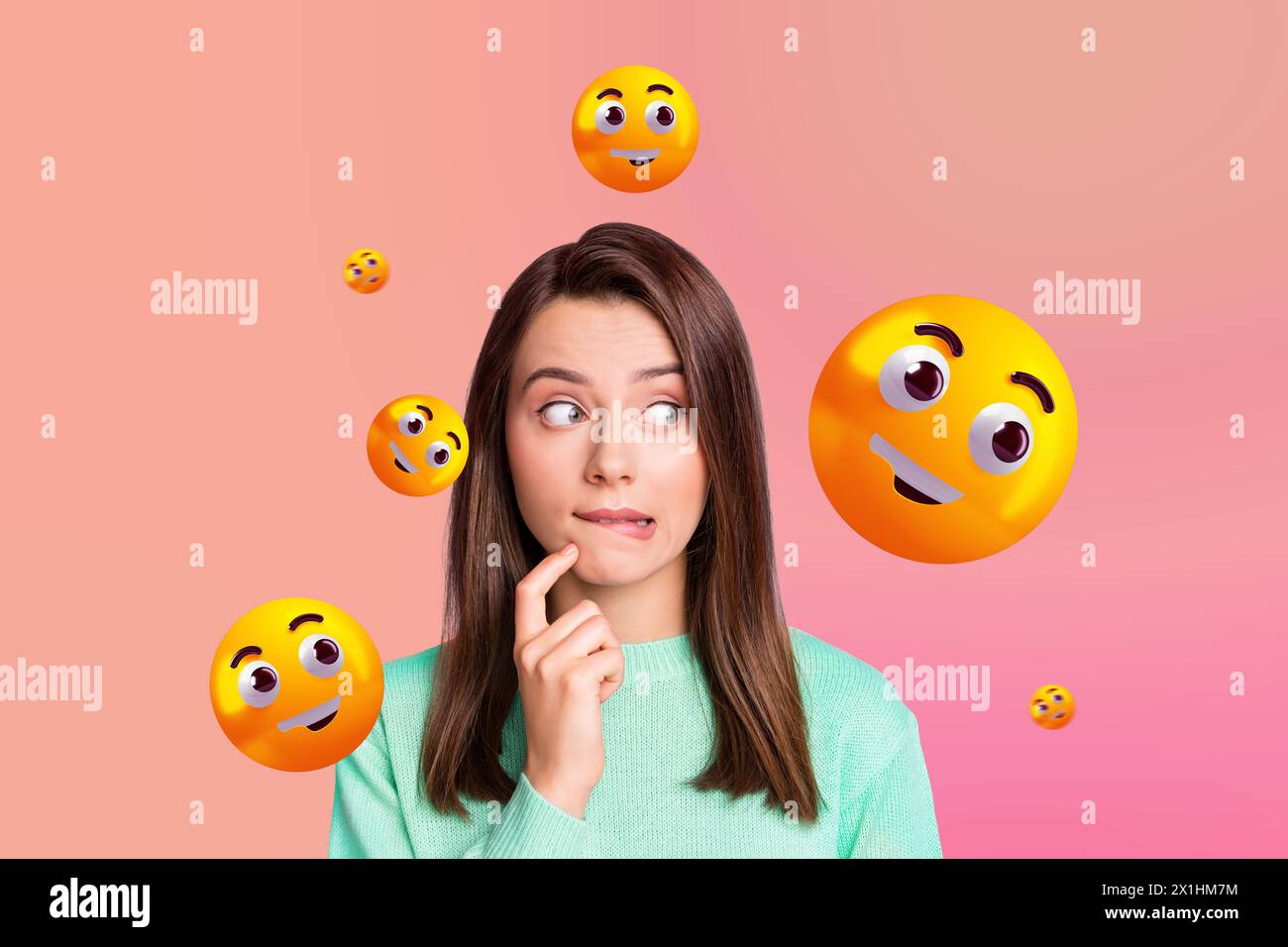 Creative picture photo collage young dreamy thoughtful girl bite lips ...