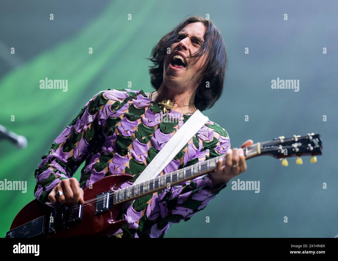 Band Bilderbuch on May 05, 2022, during their concert at the Arena in ...
