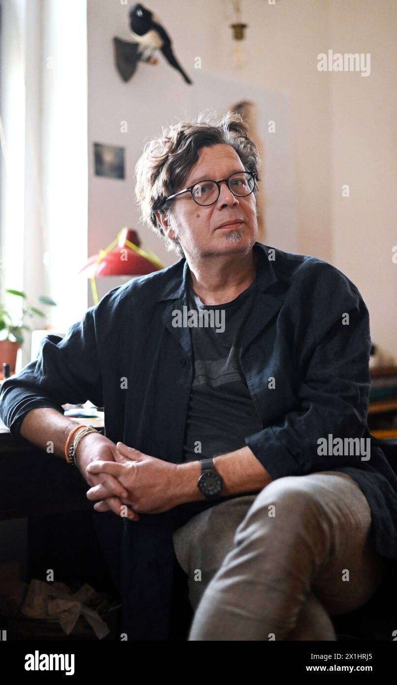 Austrian writer " Franzobel " (Franz Stefan Griebl) during interview ...