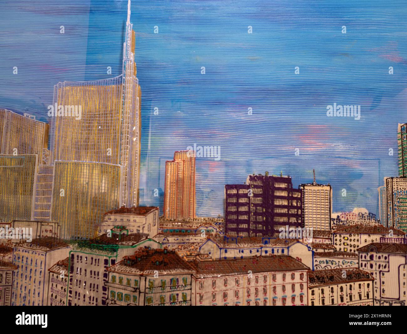 Paint on Canvas: Buildings of a City with Multicolor Skyscrapers Stock ...