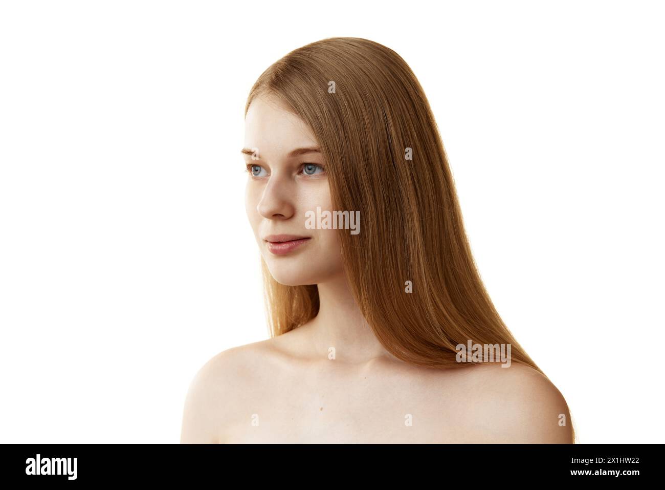 Portrait of young beautiful woman 20 years old with long silky hair ...