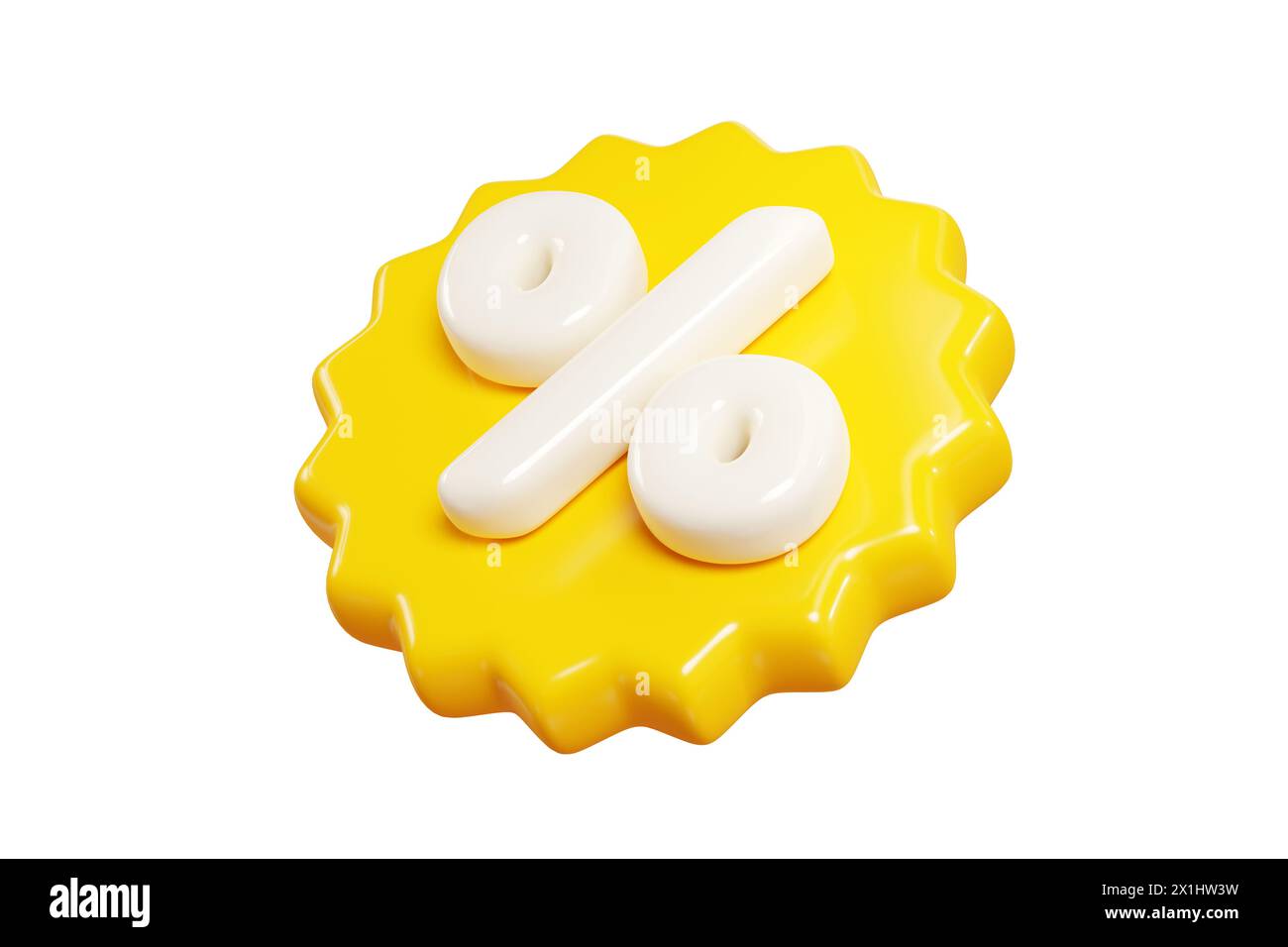 Yellow starburst sticker with percent sign floating in air. 3D render ...