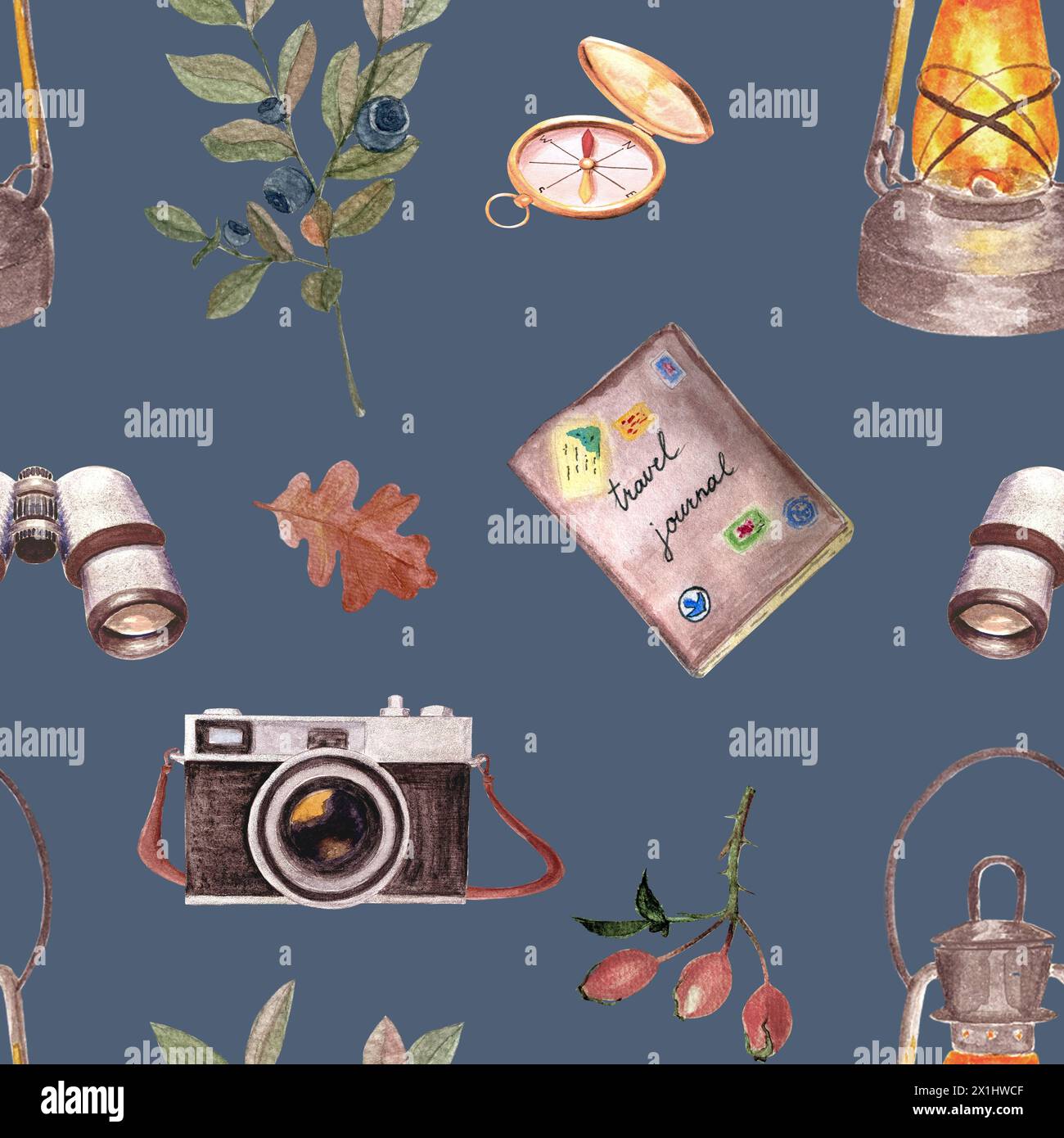 Camera, journal, binocular, compass plants watercolor seamless pattern ...
