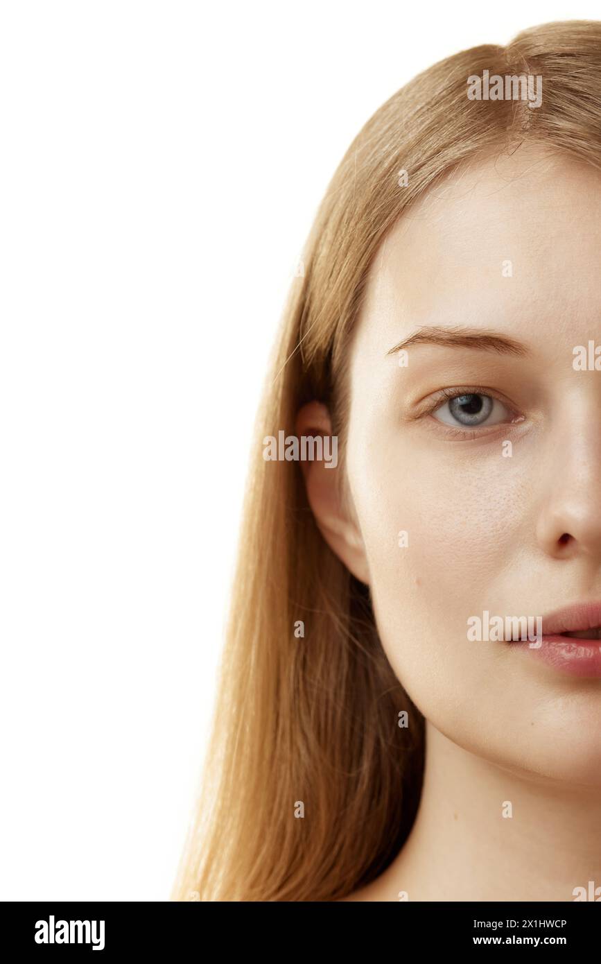 Close up photo of half of female face with well-kept skin in preorbital ...