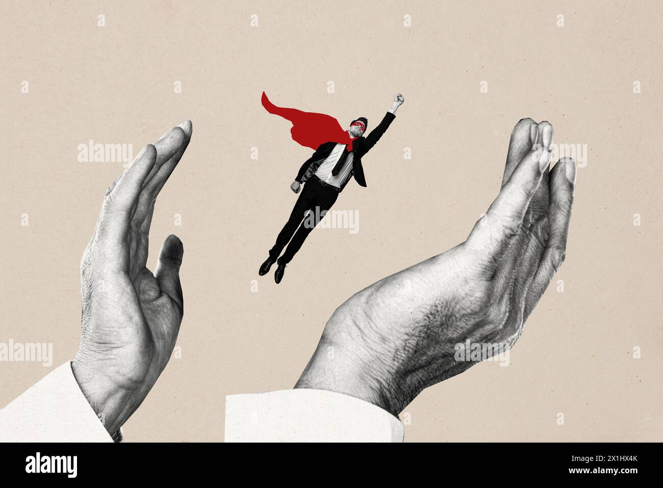 Composite photo collage of superhero businessman fly hand catch clap ...