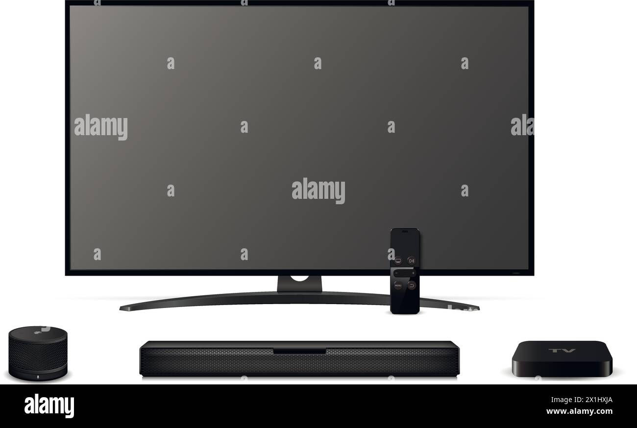 Blank television screen, soundbar, tv set-top box and smart speaker ...