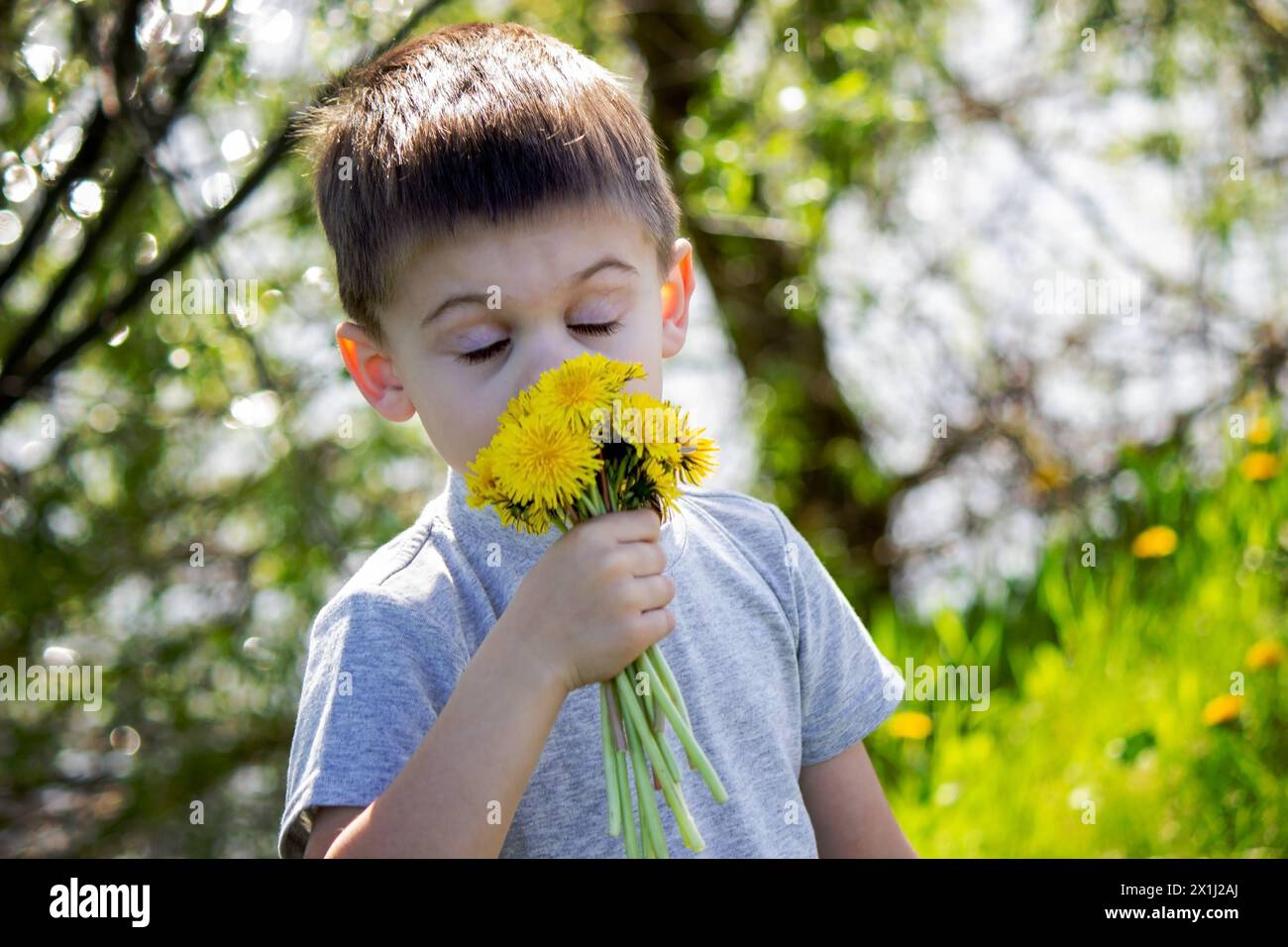 Funny baby sniffs a dandelion. Spring in nature. Allergy to flowering ...