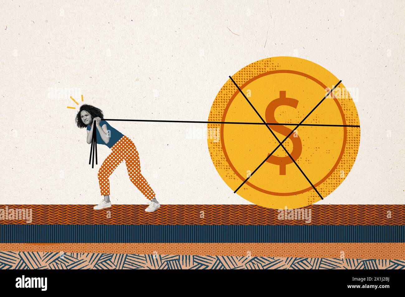 Composite photo collage of sad american girl carry rope huge coin upset ...