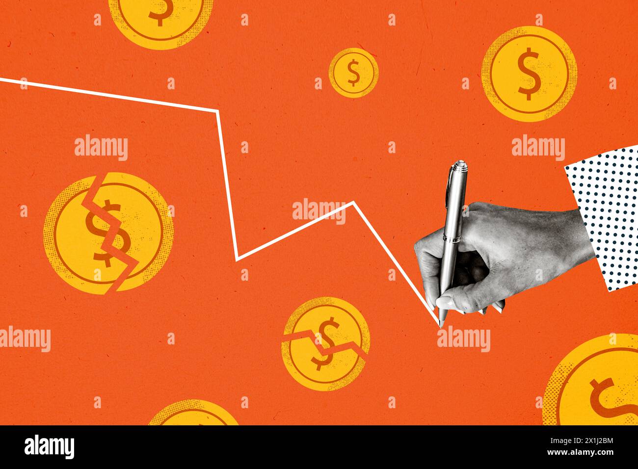 Composite photo collage of hand draw line graph break dollar coin ...