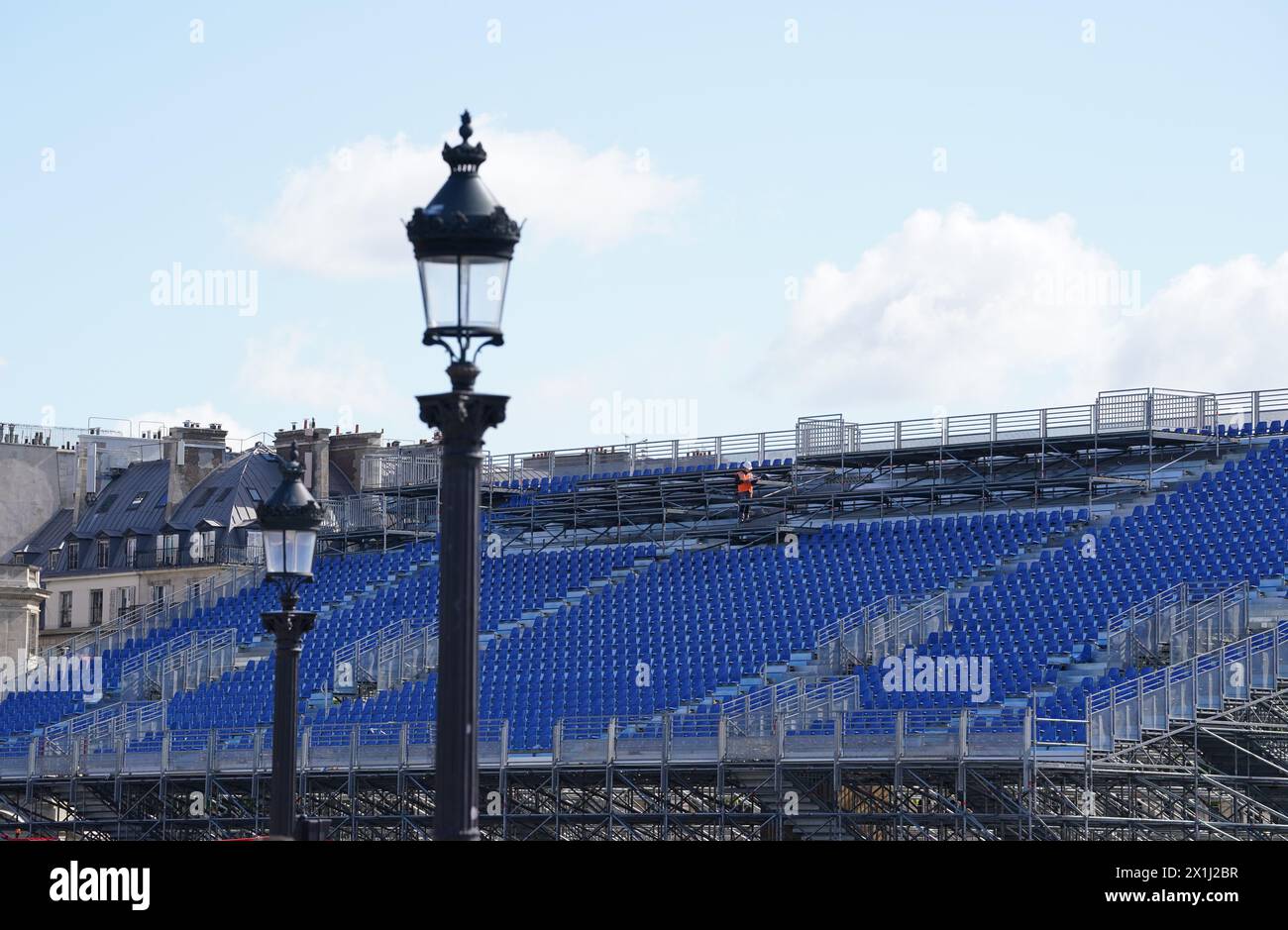 Stands are constructed at Place de la Concorde, Paris. The 2024 Olympic ...