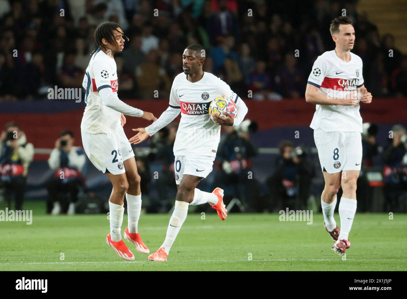 Barcelona, Espagne. 16th Apr, 2024. Ousmane Dembele of PSG celebrates ...