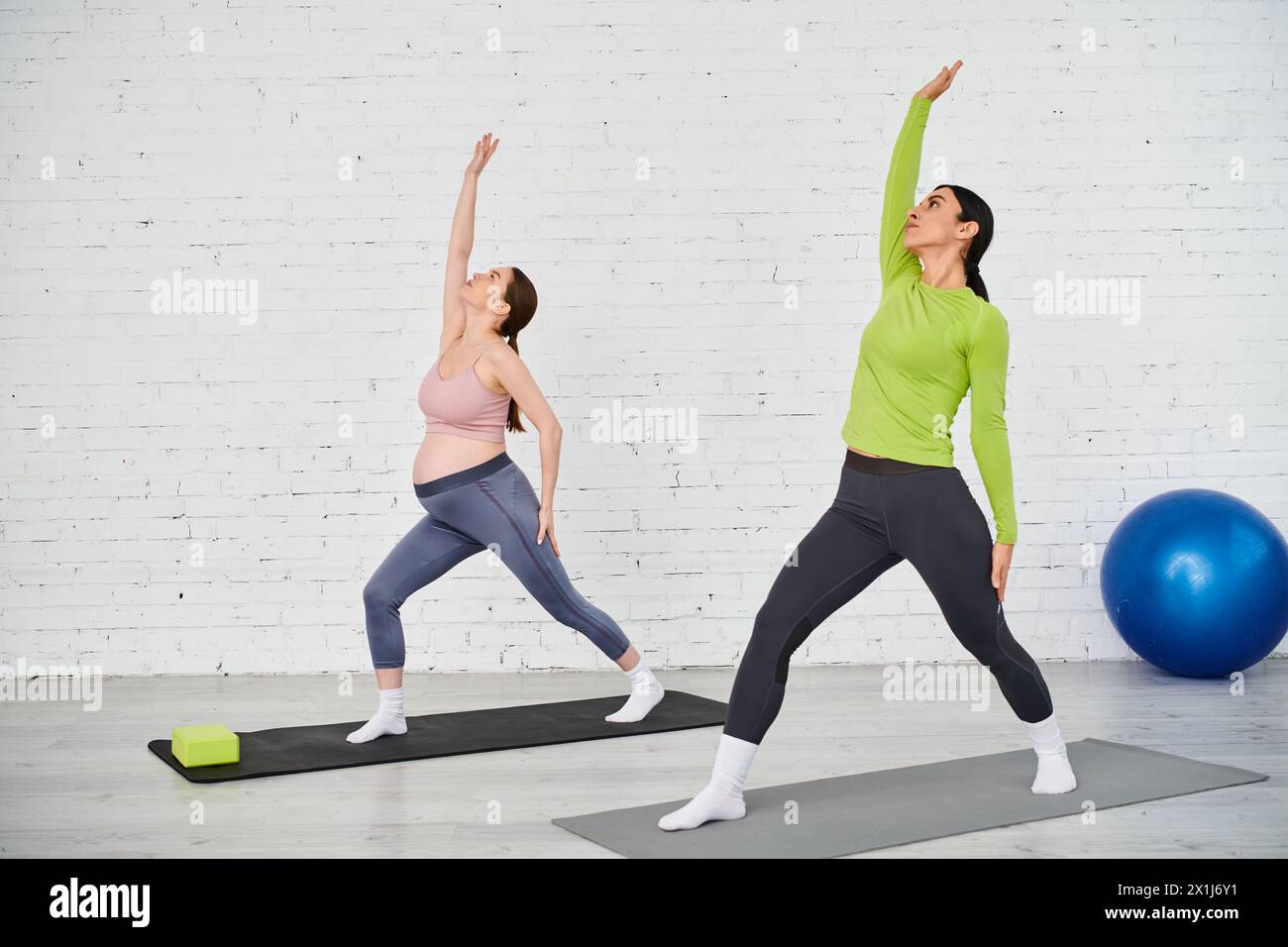 Two women gracefully practice yoga on a mat, embodying balance and ...