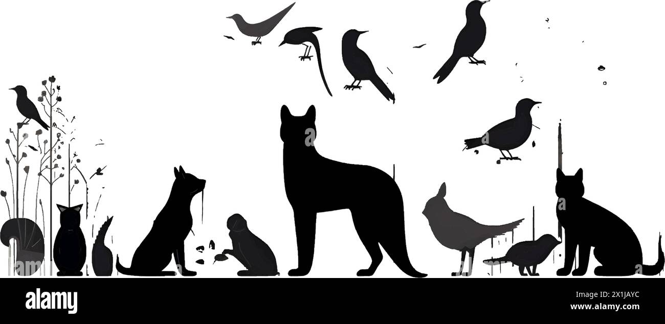 Vector illustration of many cats and birds in black silhouette against ...