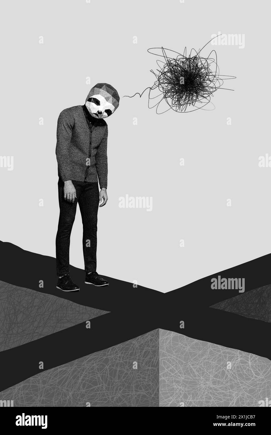 Vertical photo collage of young guy anonym wear mask upset depression ...