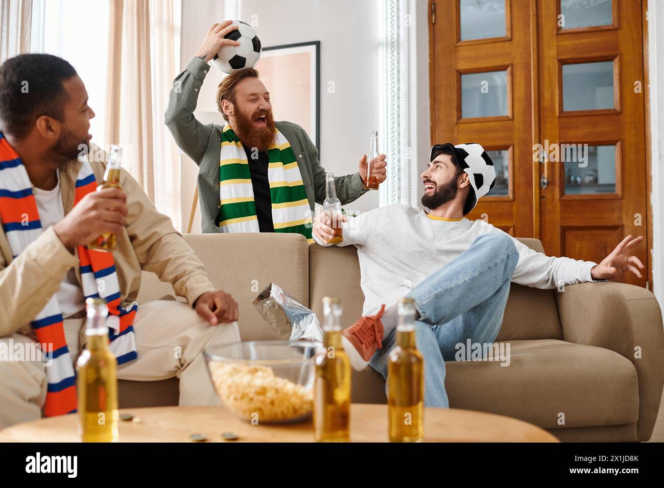 Three cheerful, handsome men of different races and dressed casually ...