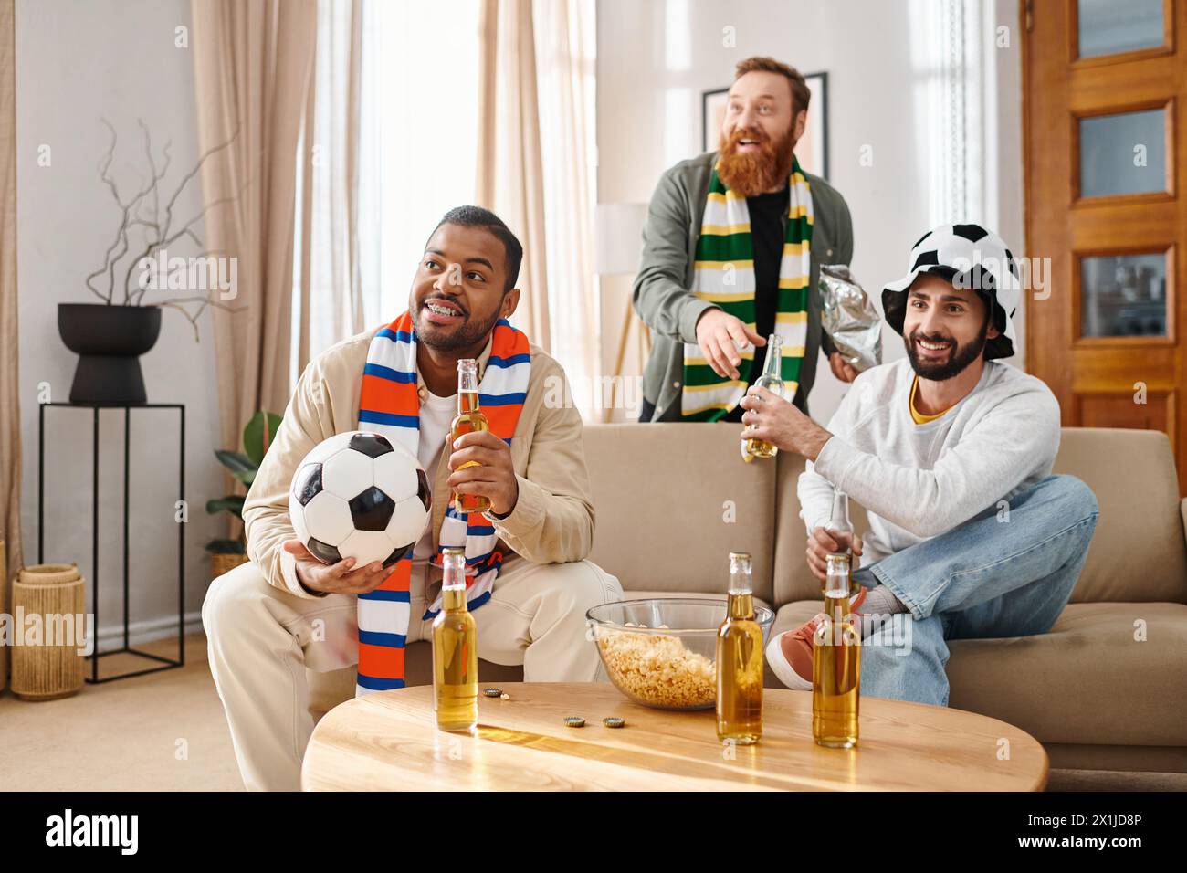 Three handsome, cheerful men in casual attire sharing laughs and ...