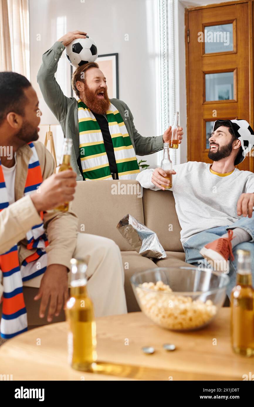 Three handsome, cheerful men of different races share a light-hearted ...