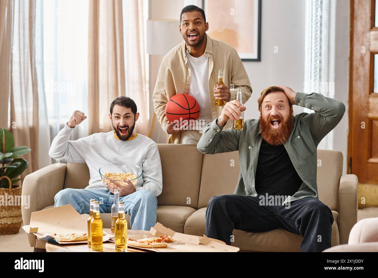 Three cheerful, handsome men of different races enjoying each others ...