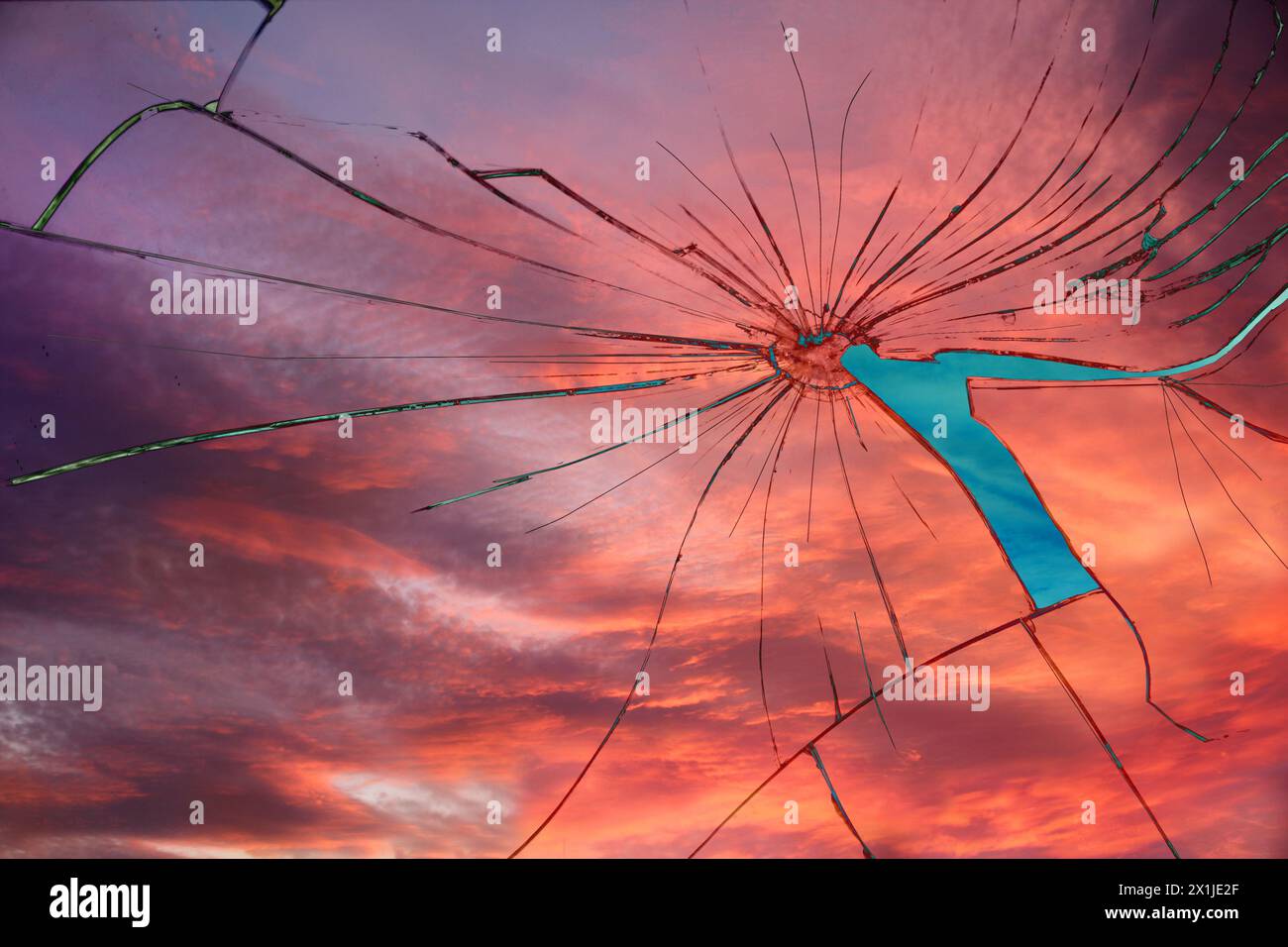 broken glass, sunset in evening beautiful colorful dramatic sky with ...
